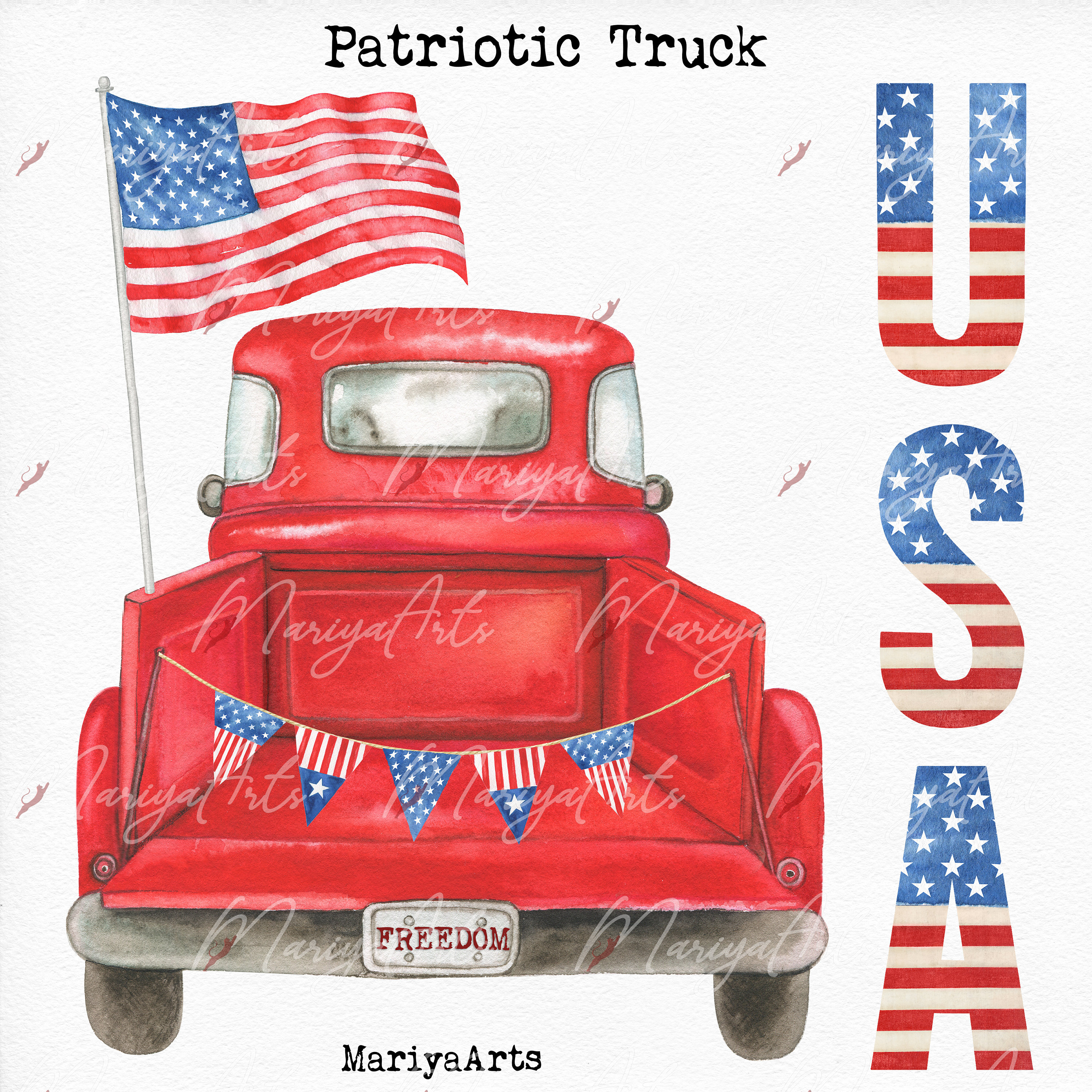 Patriotic Truck USA Flag Day American Flag Clipart, Watercolor, 4th ...