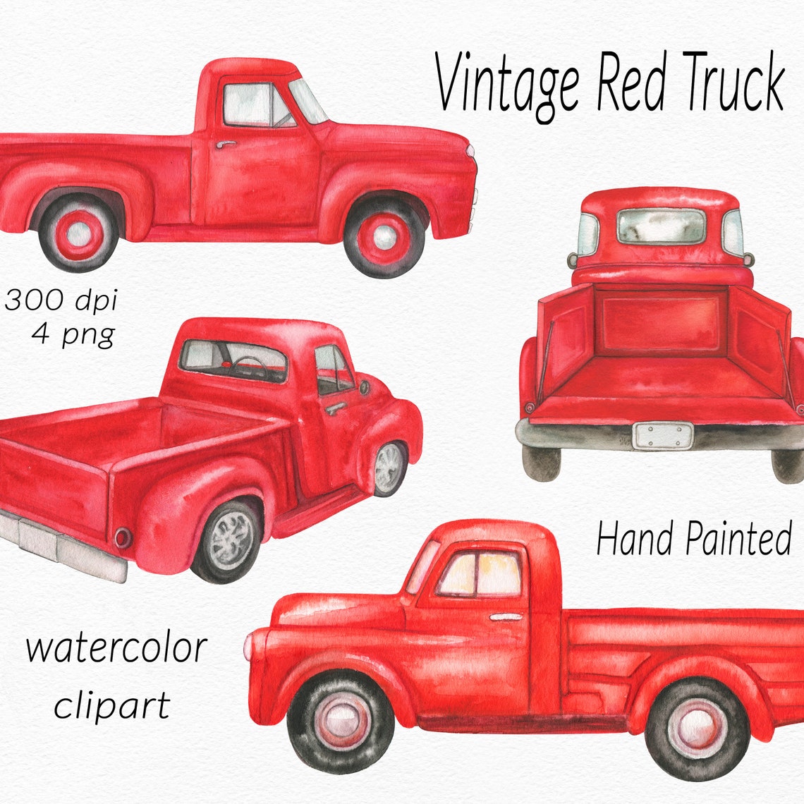 Red Truck Watercolor Clipart, Vintage, Retro Red Trucks, Farm Classic ...