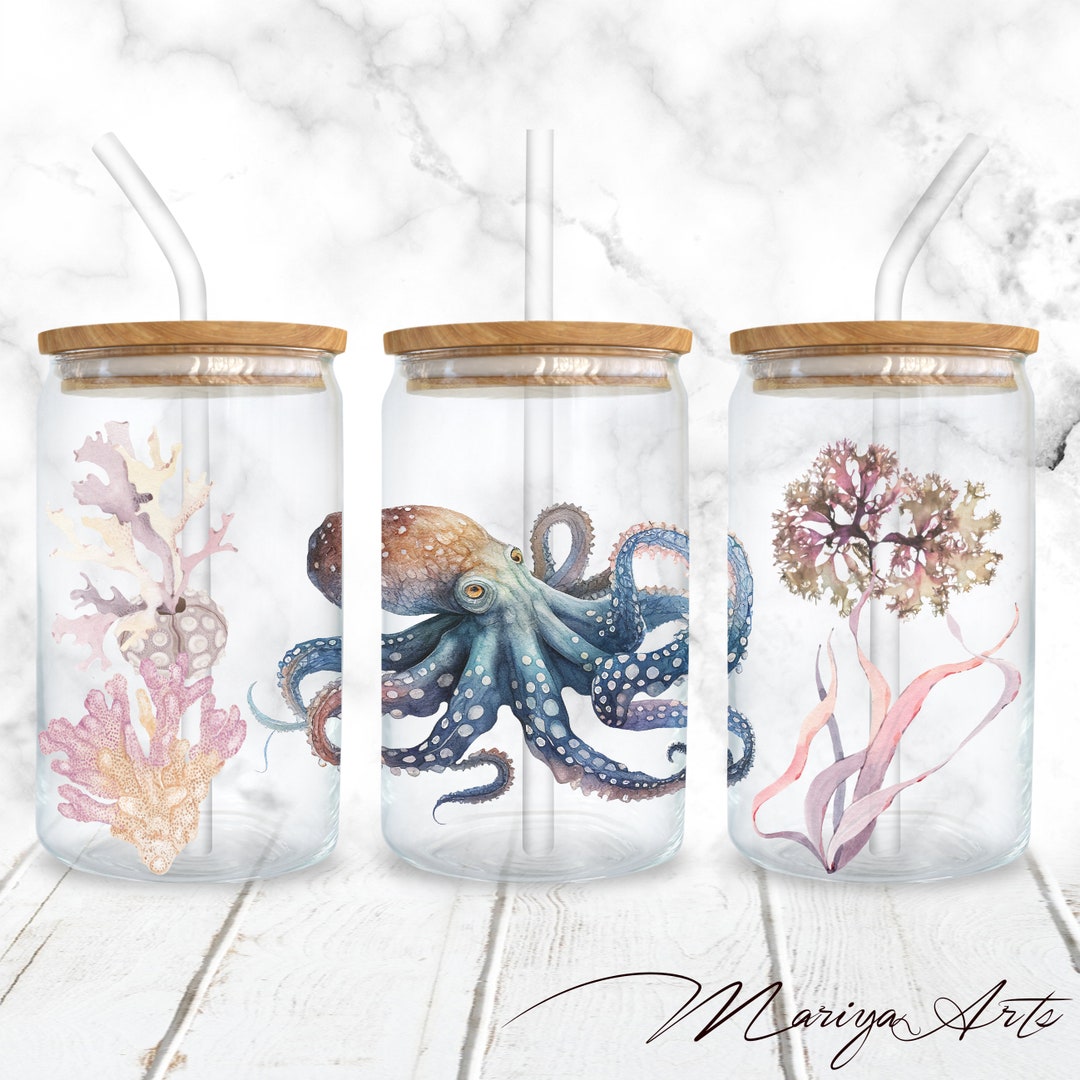 Оctopus Libbey Glass Can Wrap 16oz PNG Seamless Sea Underwater Colorful ...
