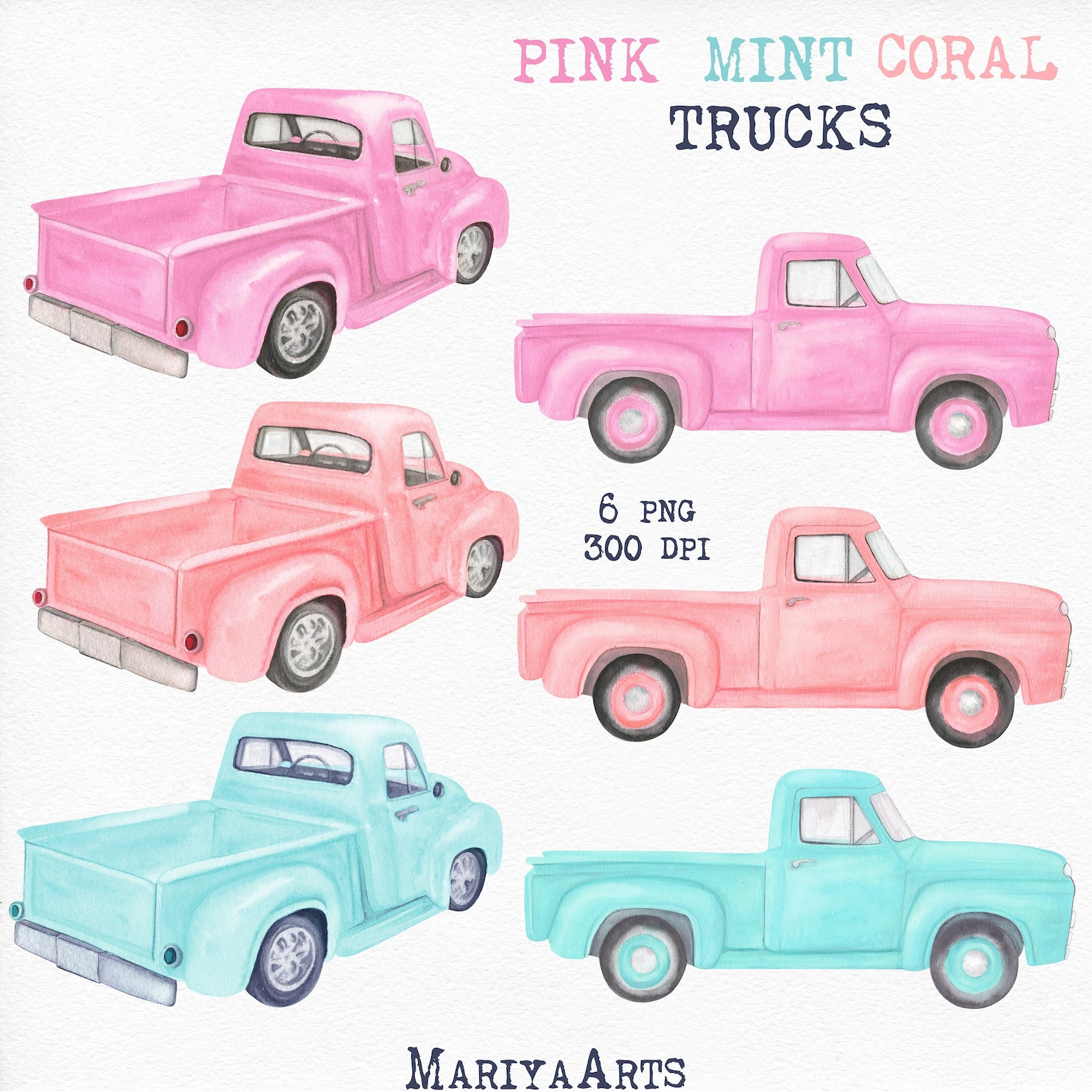 Pastel Truck Watercolor Clipart, Vintage Retro Pickup, Farmer's Truck ...