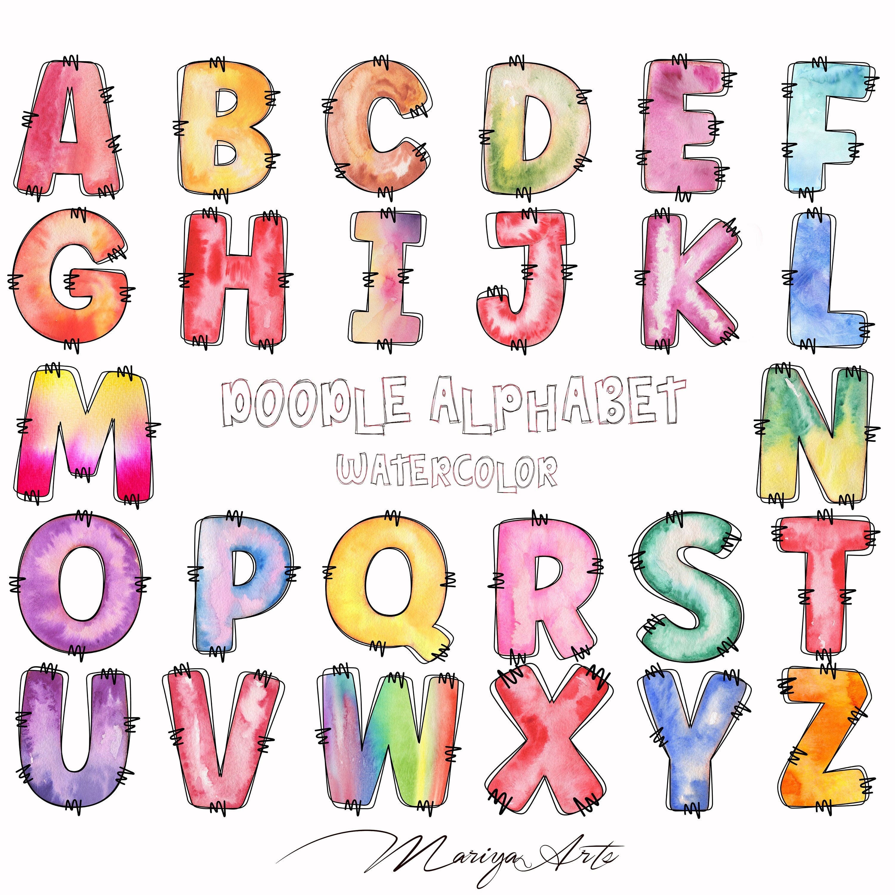 Doodle Alphabet Watercolor Letters Sublimation Design PNG Lettering ...