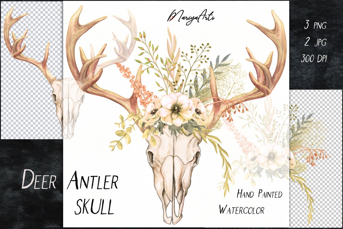 Watercolor Antler Skull Clipart, Deer Skull Antlers With Field Flowers ...