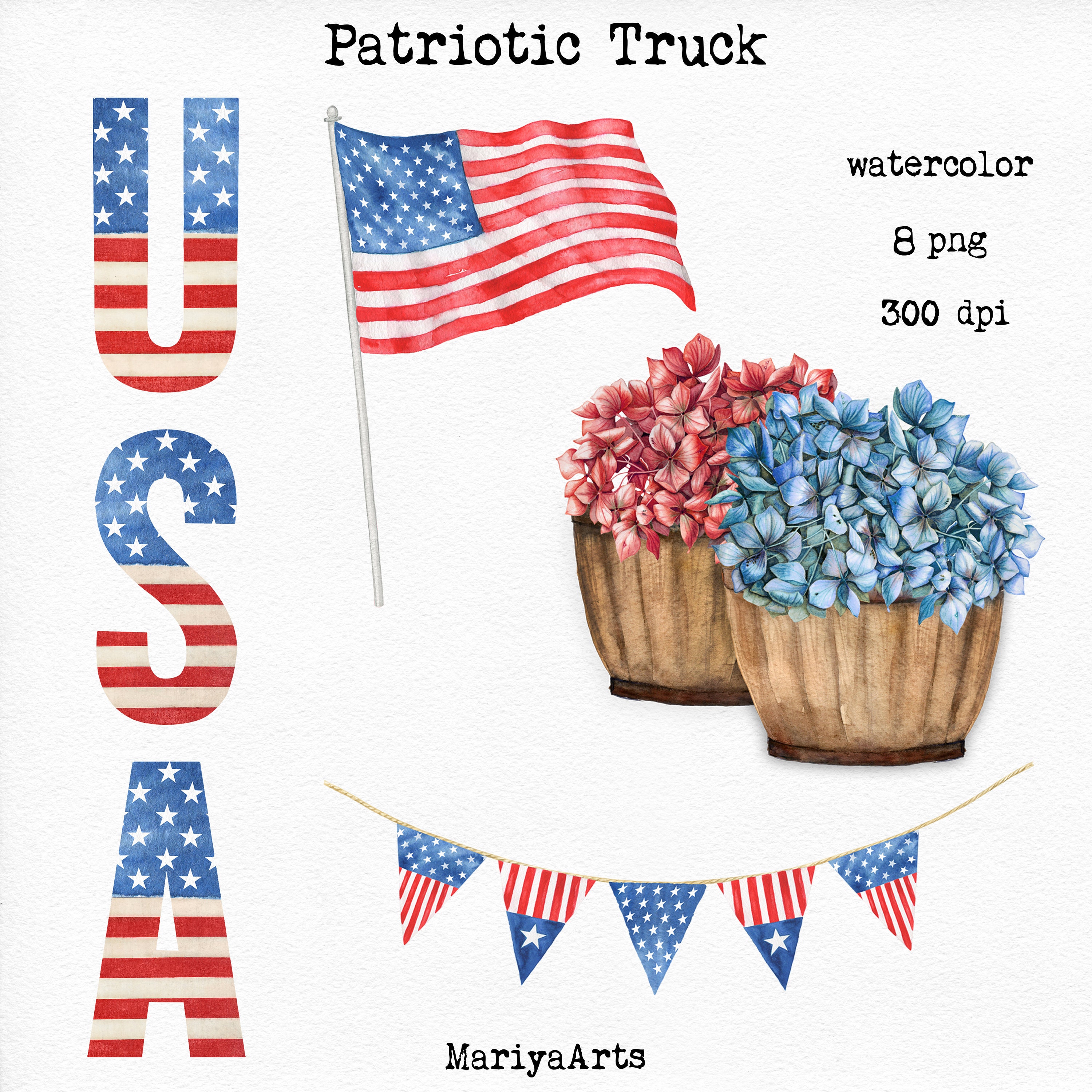 Patriotic Truck USA Flag Day American Flag Clipart, Watercolor, 4th ...