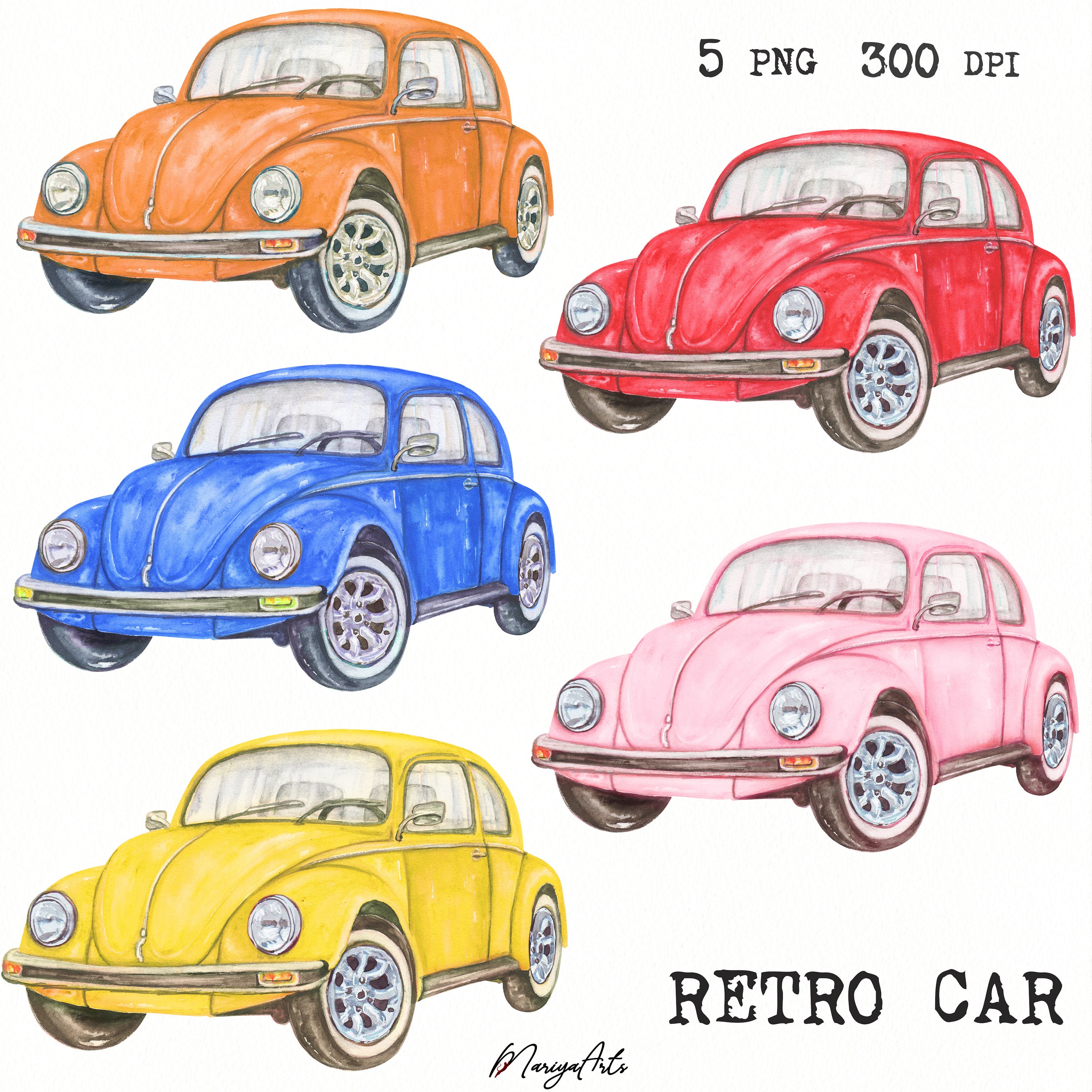 Vintage Car Clipart PNG, Retro Classic Car, Pink Car, Red Old Car, Blue ...