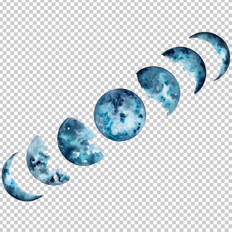 Moon Phases Clipart PNG, Lunar Chart, Crescent Moon Blue Watercolor ...