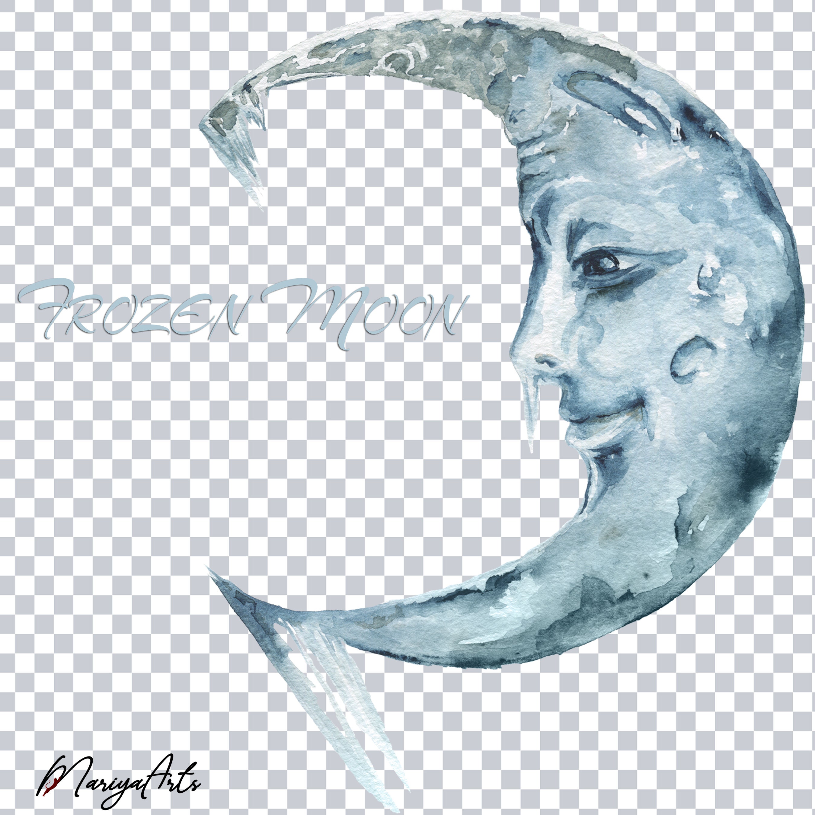 Frozen Moon Watercolor Clipart PNG Hand Painted Art Crescent Frozen ...