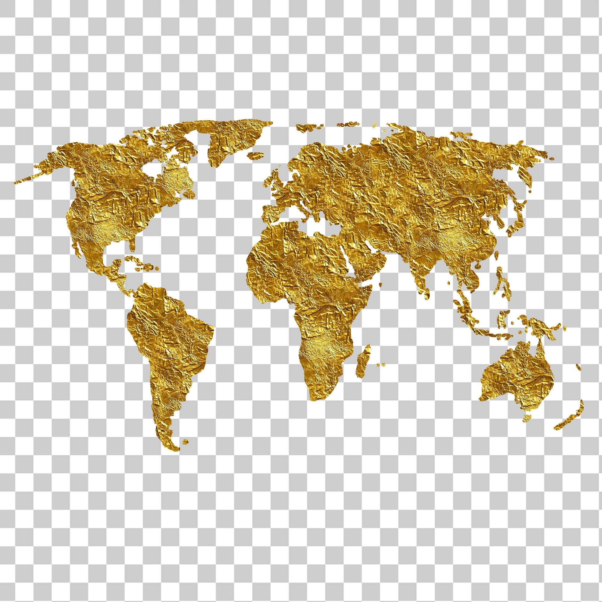 Gold World Map Silhouette Continents Transparent Background PNG Gold ...