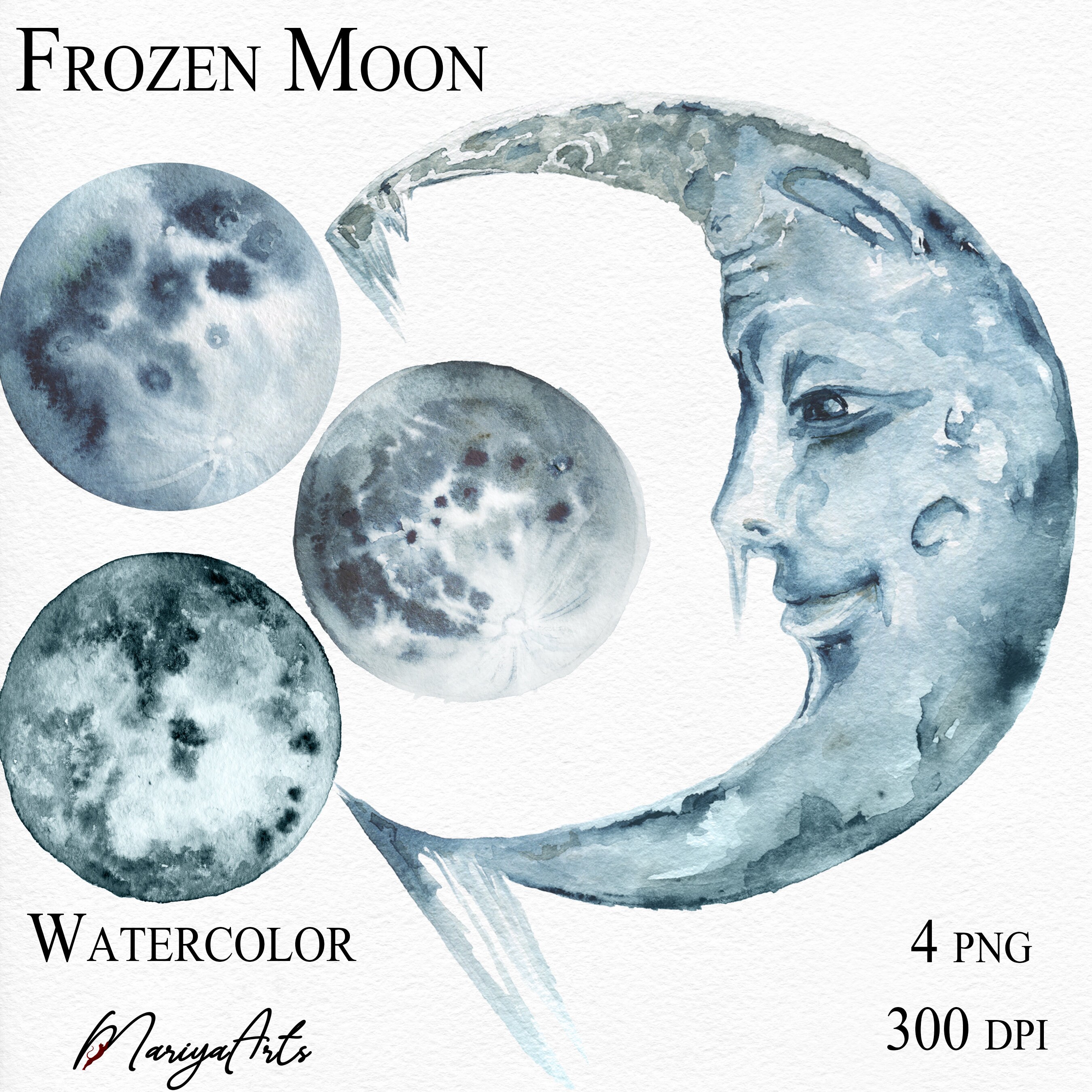 Frozen Moon Watercolor Clipart PNG Hand Painted Art Crescent Frozen ...