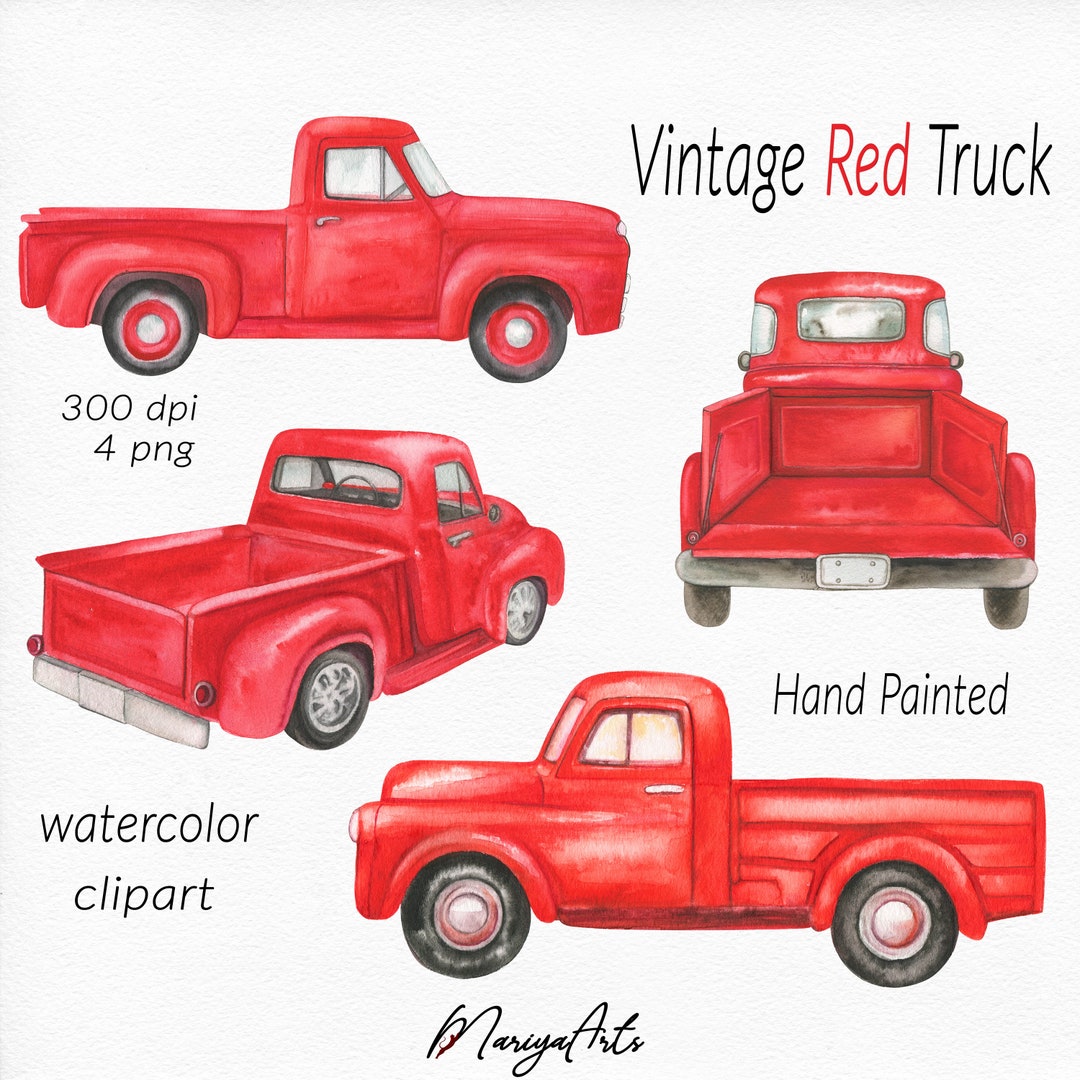 Red Truck Watercolor Clipart, Vintage, Retro Red Trucks, Farm Classic ...