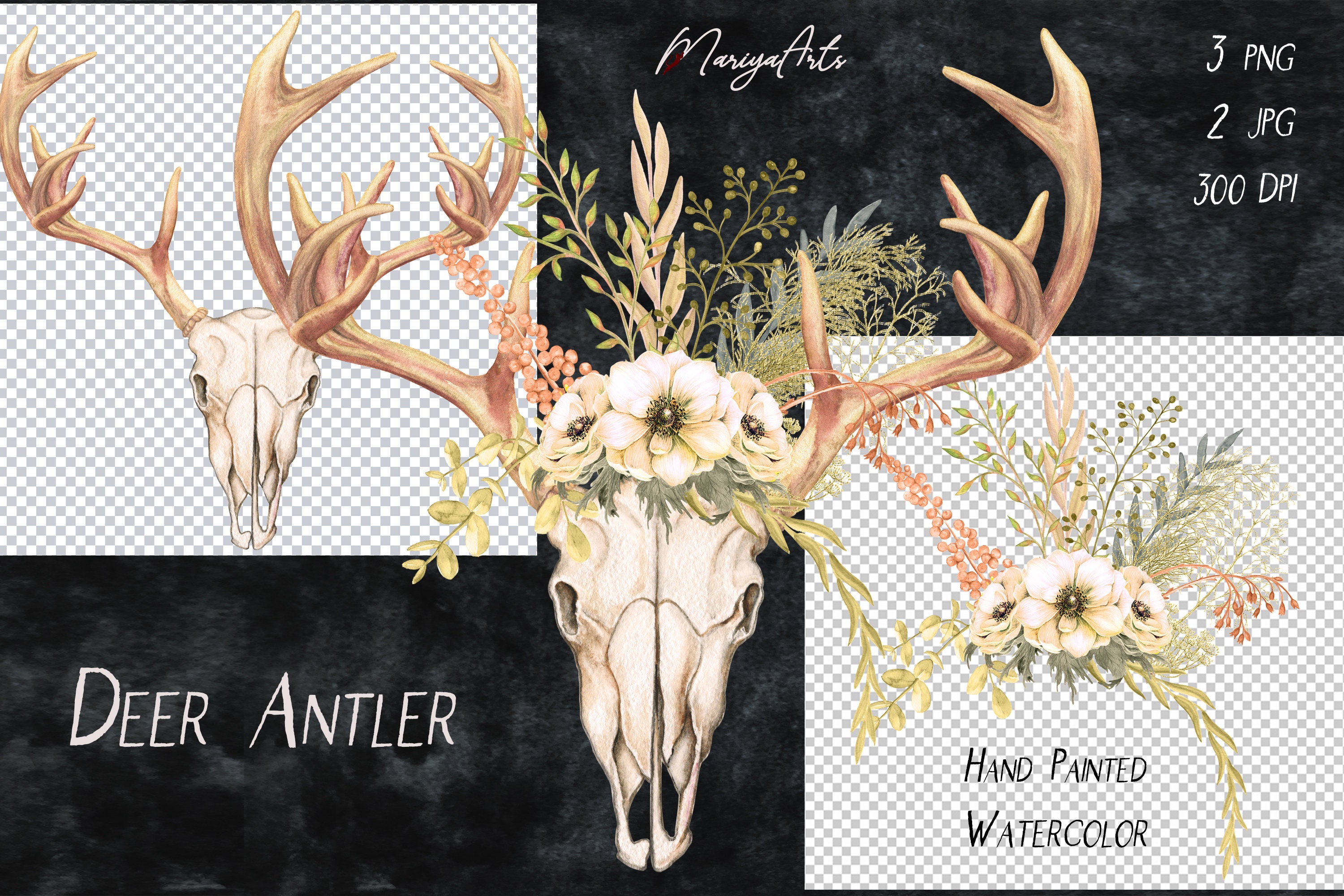 Watercolor Antler Skull Clipart, Deer Skull Antlers With Field Flowers ...