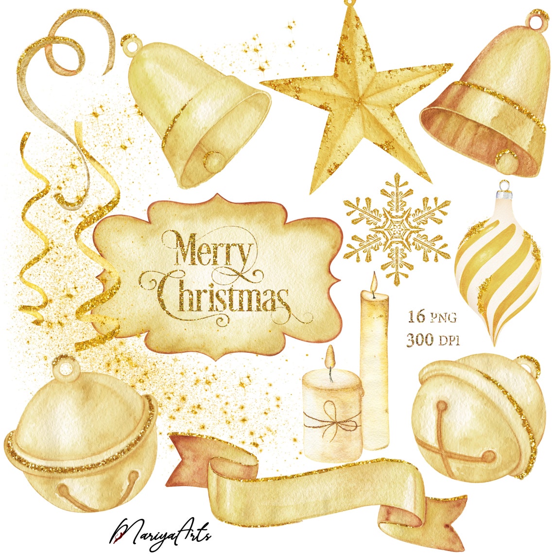 Gold Christmas Clipart PNG Glitter Golden Snowflake Christmas - Etsy