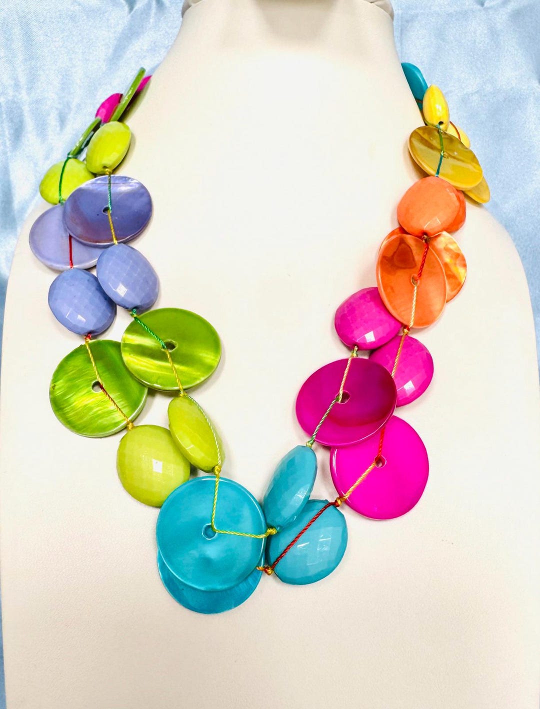 2 Stand Silvertone Chain Multi-colored Mother of Pearl & Faceted Glass ...