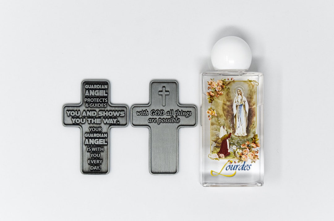 Lourdes Water Bottle & Guardian Angel Pocket Cross - Etsy