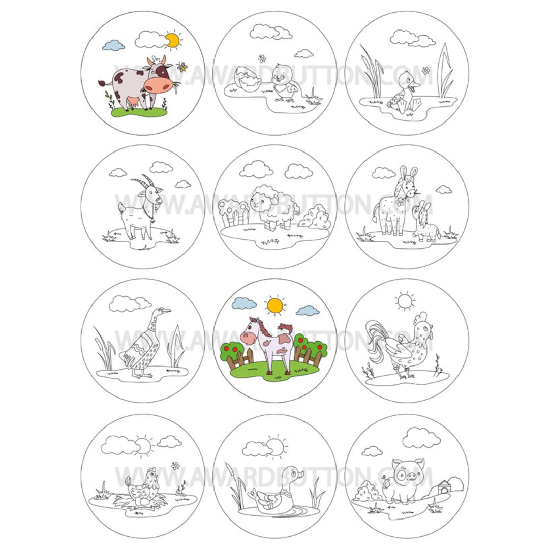 56 Mm = 2.25 in Button / Badge Coloring Template: Farm Animals – 12 ...