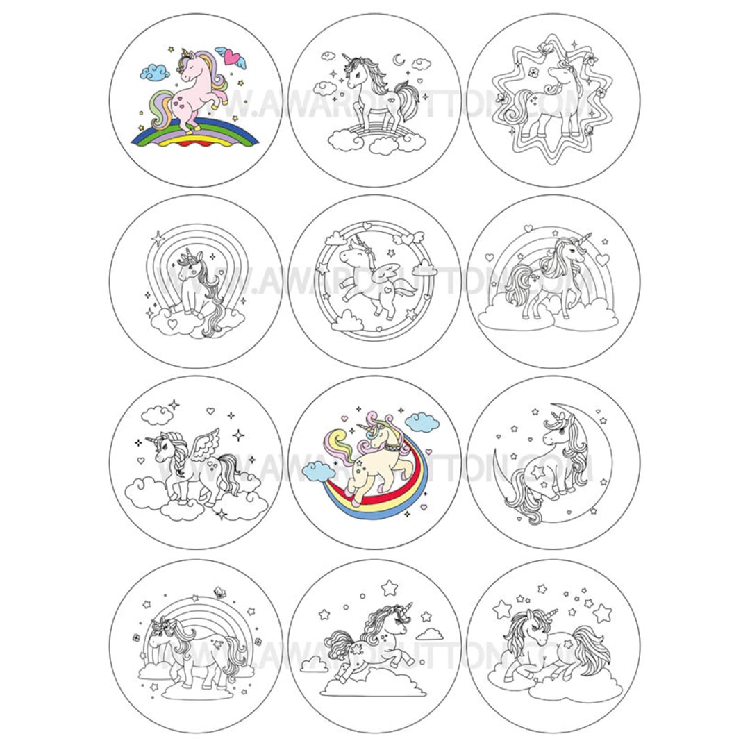 56 Mm = 2.25in Button / Badge Template for Coloring: Unicorns – 12 ...