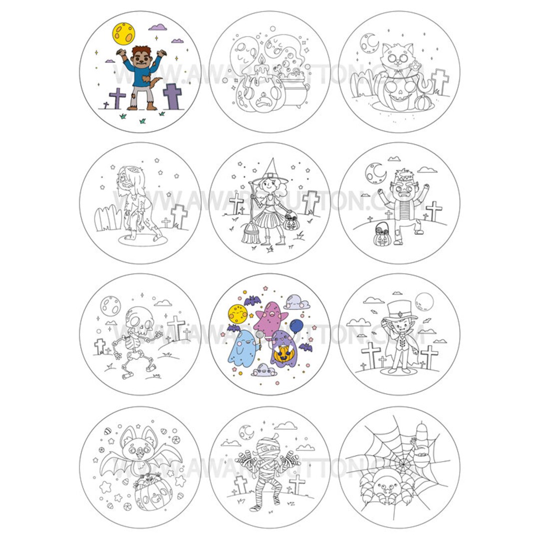 50 Mm2.0in, 36x Halloween Coloring Pages, Button/badge, A4/u.s.letter ...