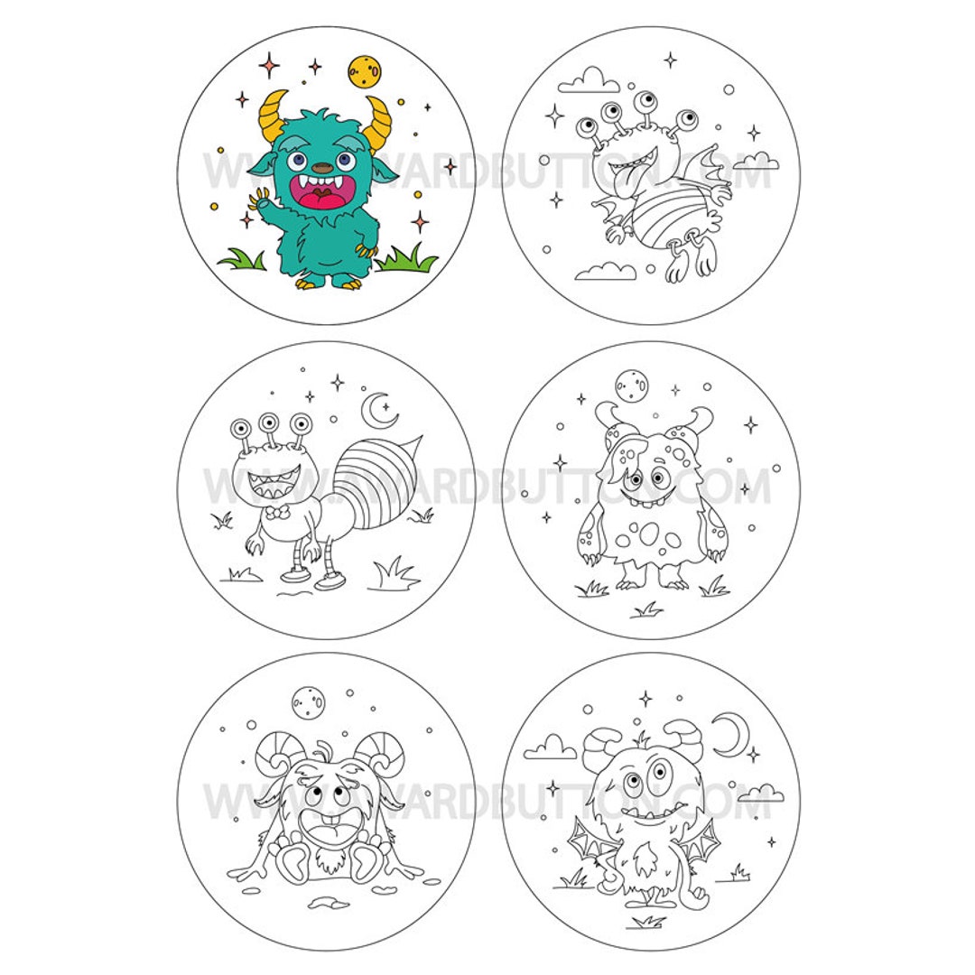 75 Mm = 3 in Button / Badge Coloring Templates: Monsters – 6 Coloring ...