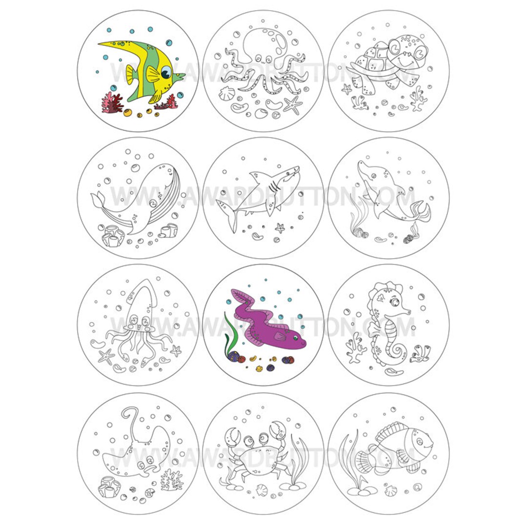56 Mm = 2.25in Button / Badge Template for Coloring: Sea Animals – 12 ...