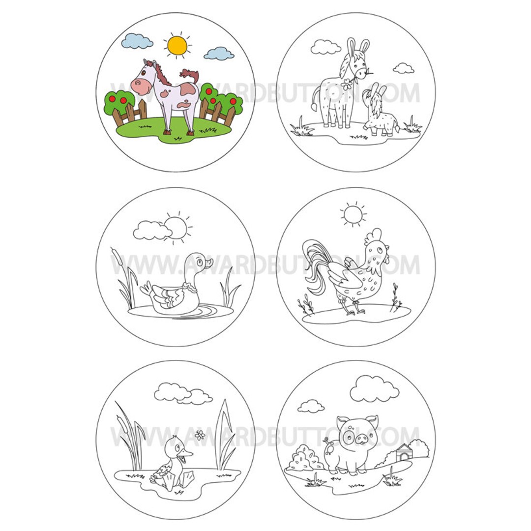 59 Mm = 2.3 in Button / Badge Templates for Coloring: Farm Animals – 6 ...