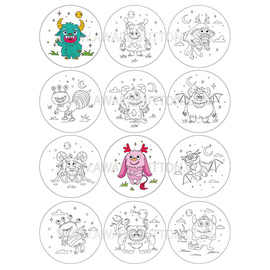 56 Mm = 2.25 in Button / Badge Coloring Template: Monster – 12 Coloring ...
