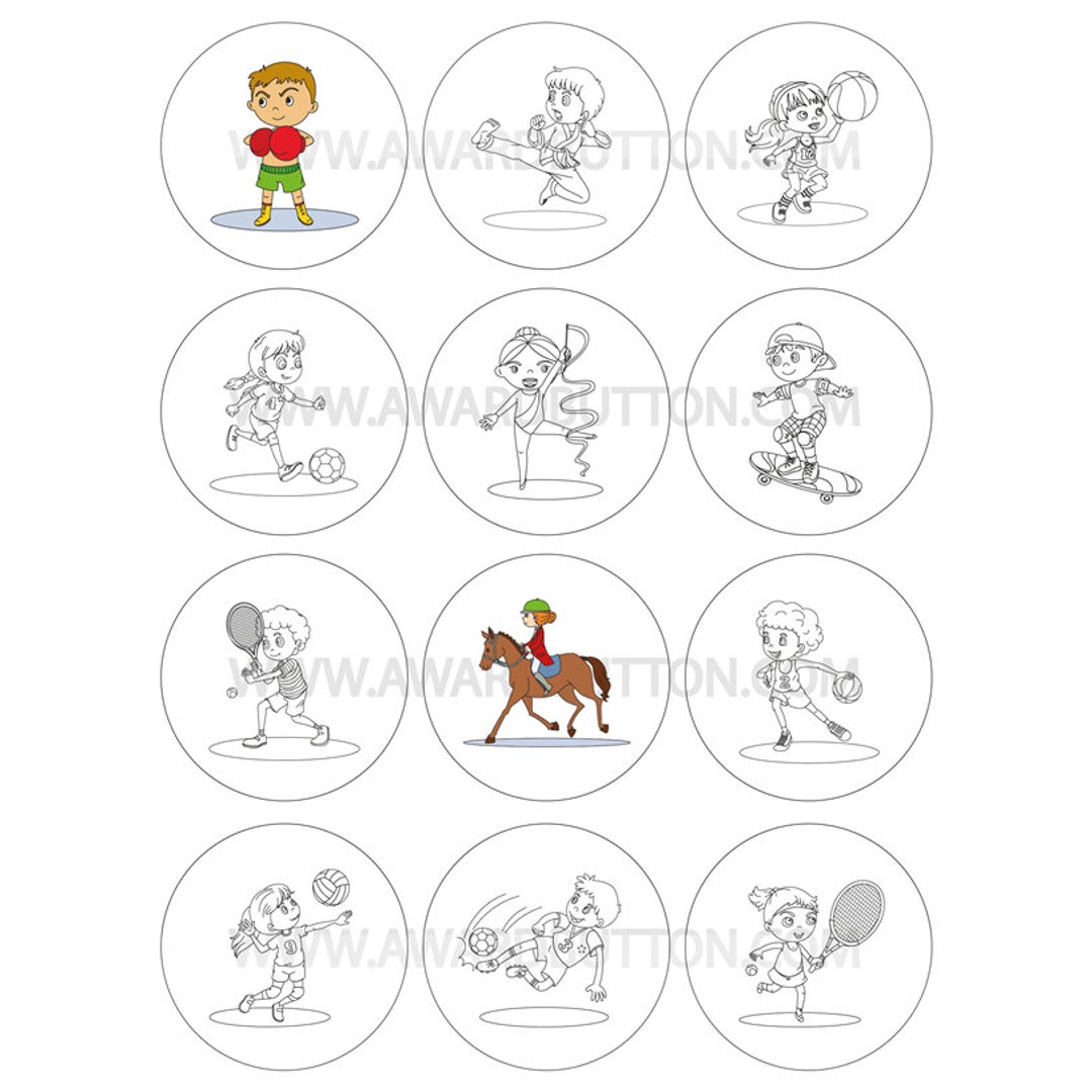 56 Mm 2.25in Button / Badge Template for Coloring: Children & Sports 12 ...