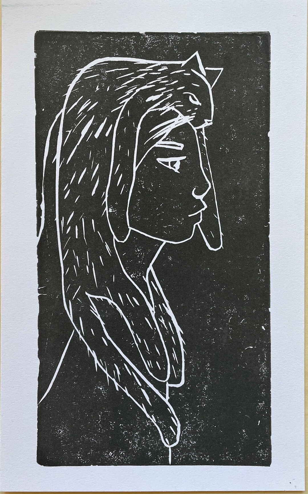 Artisanal Linocut Handmade Print the Cat Woman Totem Woman Shaman ...