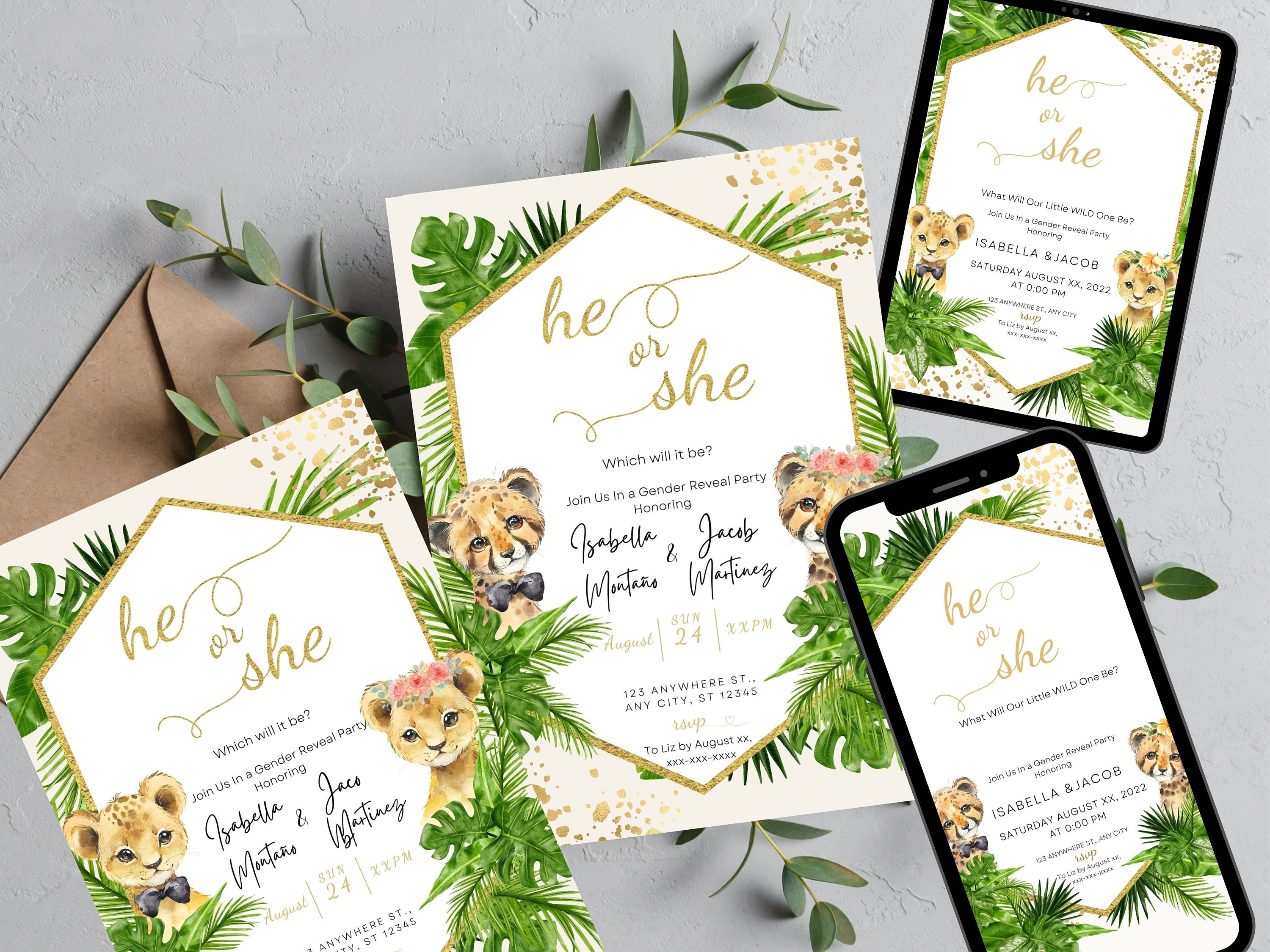 Editable Safari Gender Reveal Invitation Jungle Animal Reveal WILD ...