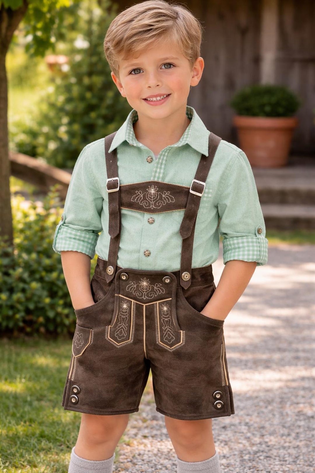Boys Brown Suede Lederhosen Set With Red Check Shirt | Traditional ...