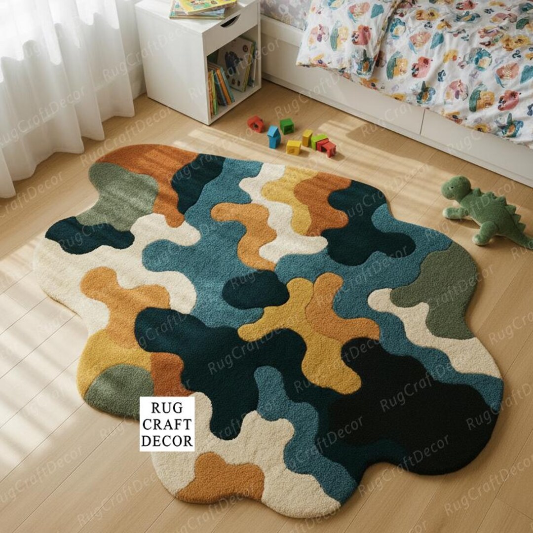 Irregular Shape Rug, Hand Tufted Wool Rug, Abstract Wavy Camo Area Rug ...