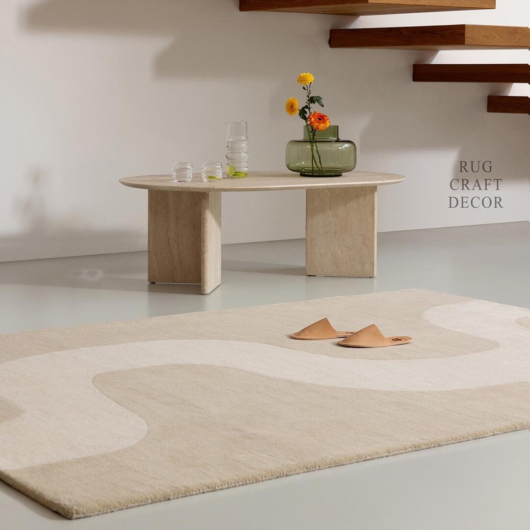 Modern Beige White Area Rug, Minimalist High Quality Rug for Living ...