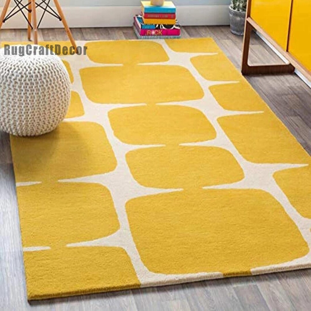 Mustard Yellow Geometric Rug, Hand Tufted Wool Area Rug, Mid Century ...