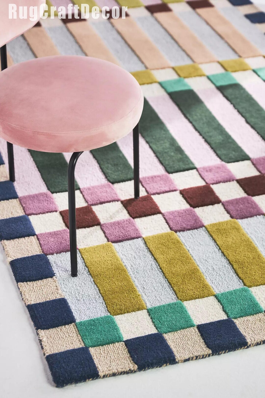 Checked Pattern Colorful Tufted Area Rug, Wool Area Rug for Bedroom ...