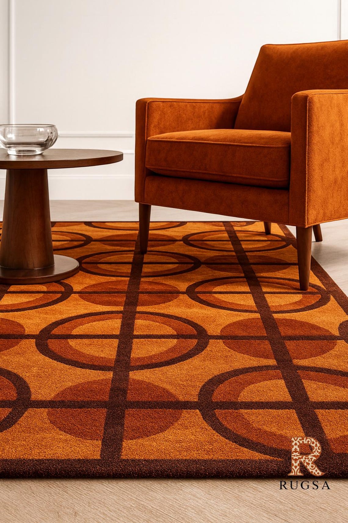 Atomic Grid Wool Rug | Hand Tufted 70s Mod Carpet | Burnt Orange ...