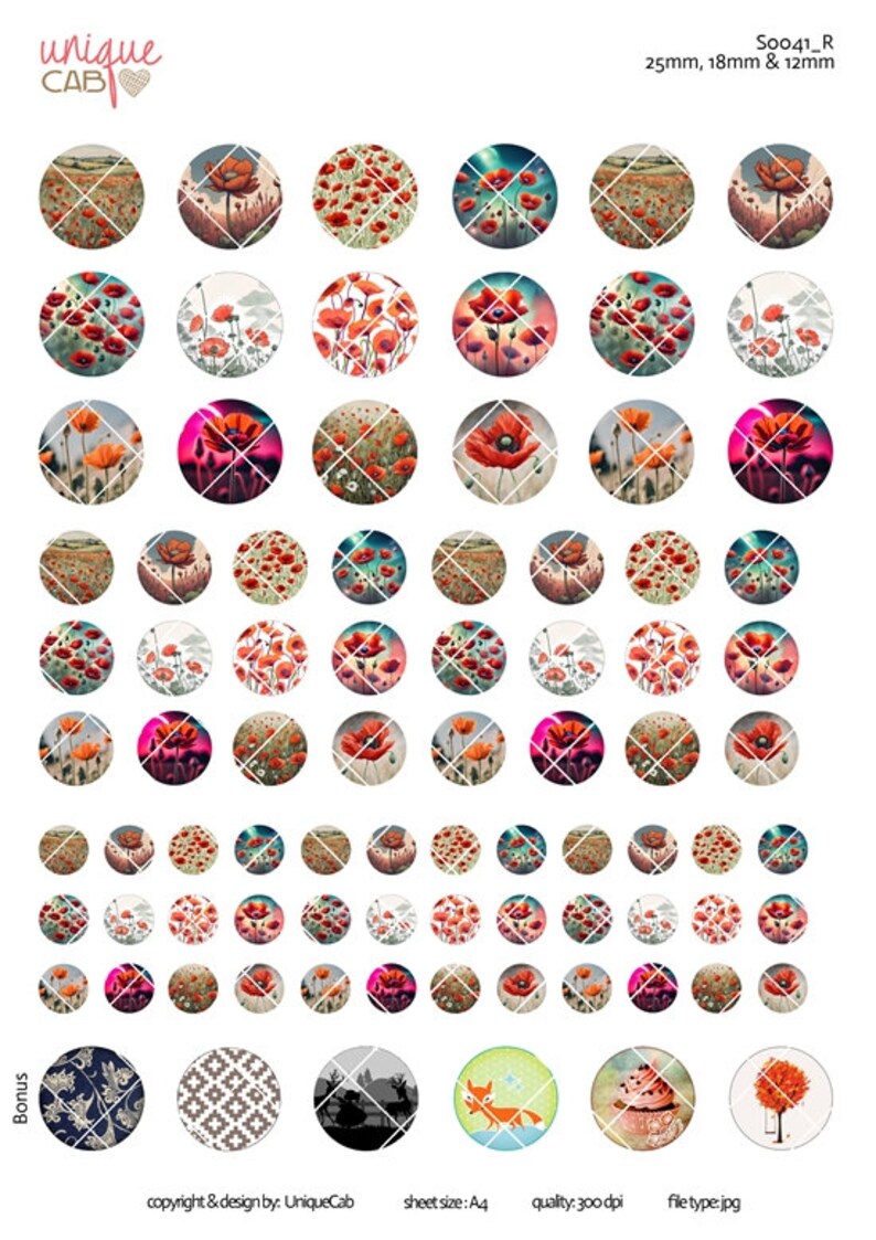 Digital Collage Cabochon Template Download Poppy Meadow Nature Flowers ...