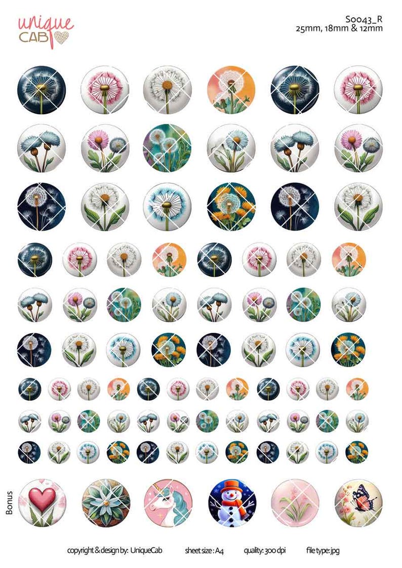 Digital Collage Cabochon Template Download Dandelion Floral 8 10 12 16 ...