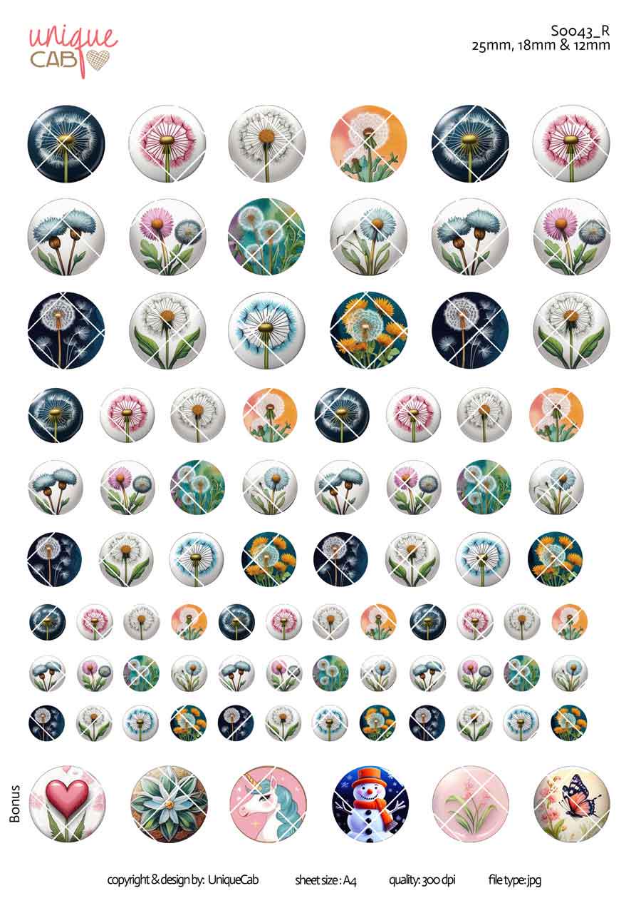 Digital Collage Cabochon Template Download Dandelion Floral 8 10 12 16 ...