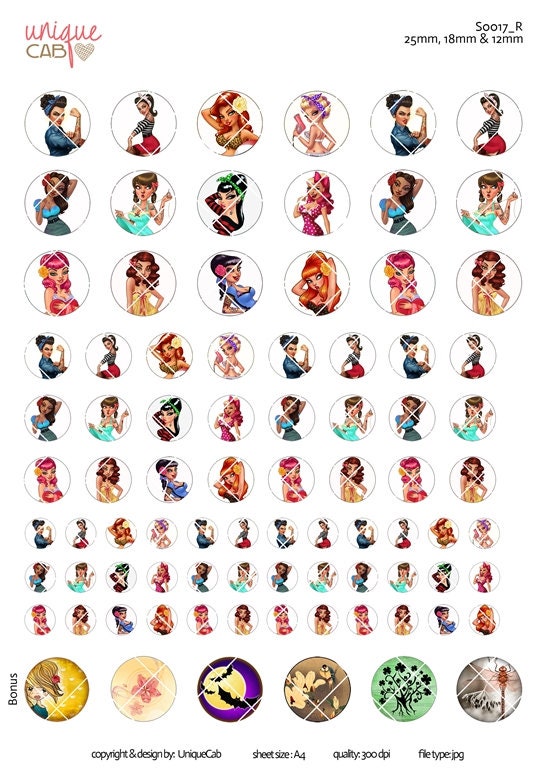 Digital Collage Cabochon Template Download Pinup Woman Strong Sexy Bombshell 8 10 12 16 18 20 25 ...