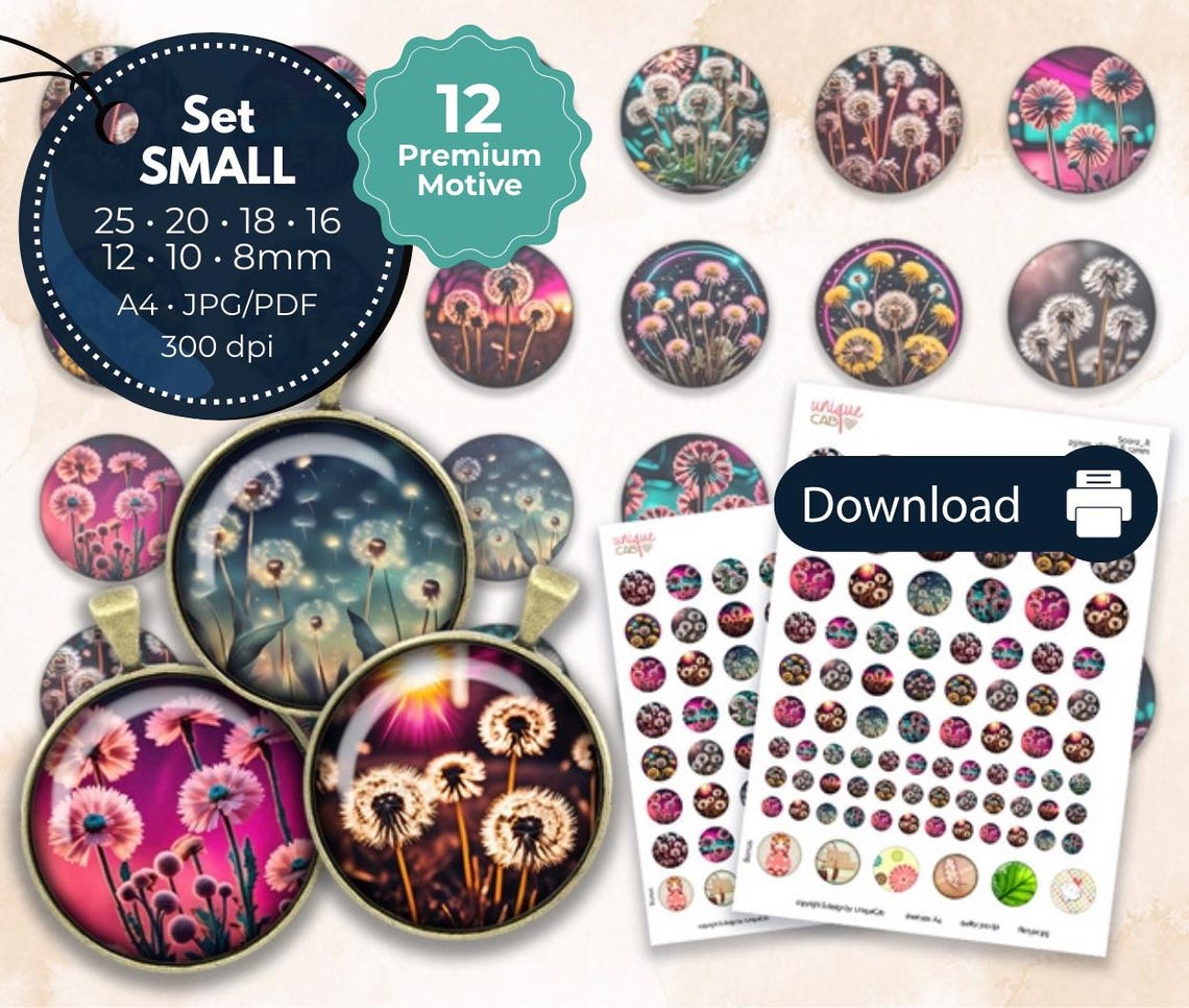 Digital Collage Cabochon Template Download Dandelion 8 10 12 16 18 20 ...