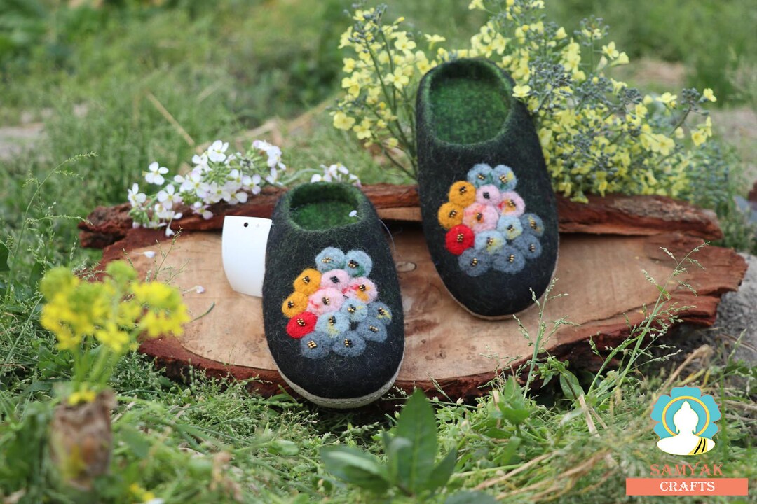 Flower Design Felt Slipper With Leather Sole, Felt Slippers for Women ...