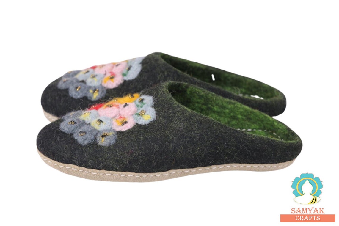 Flower Design Felt Slipper With Leather Sole, Felt Slippers for Women ...