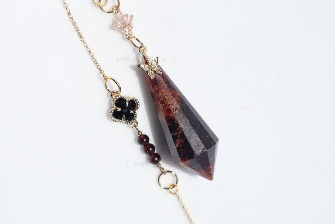 Rare Natural Butterfly Garnet Dowsing Pendulum Convertible Necklace 18K Gold Hardware Pyrite ...