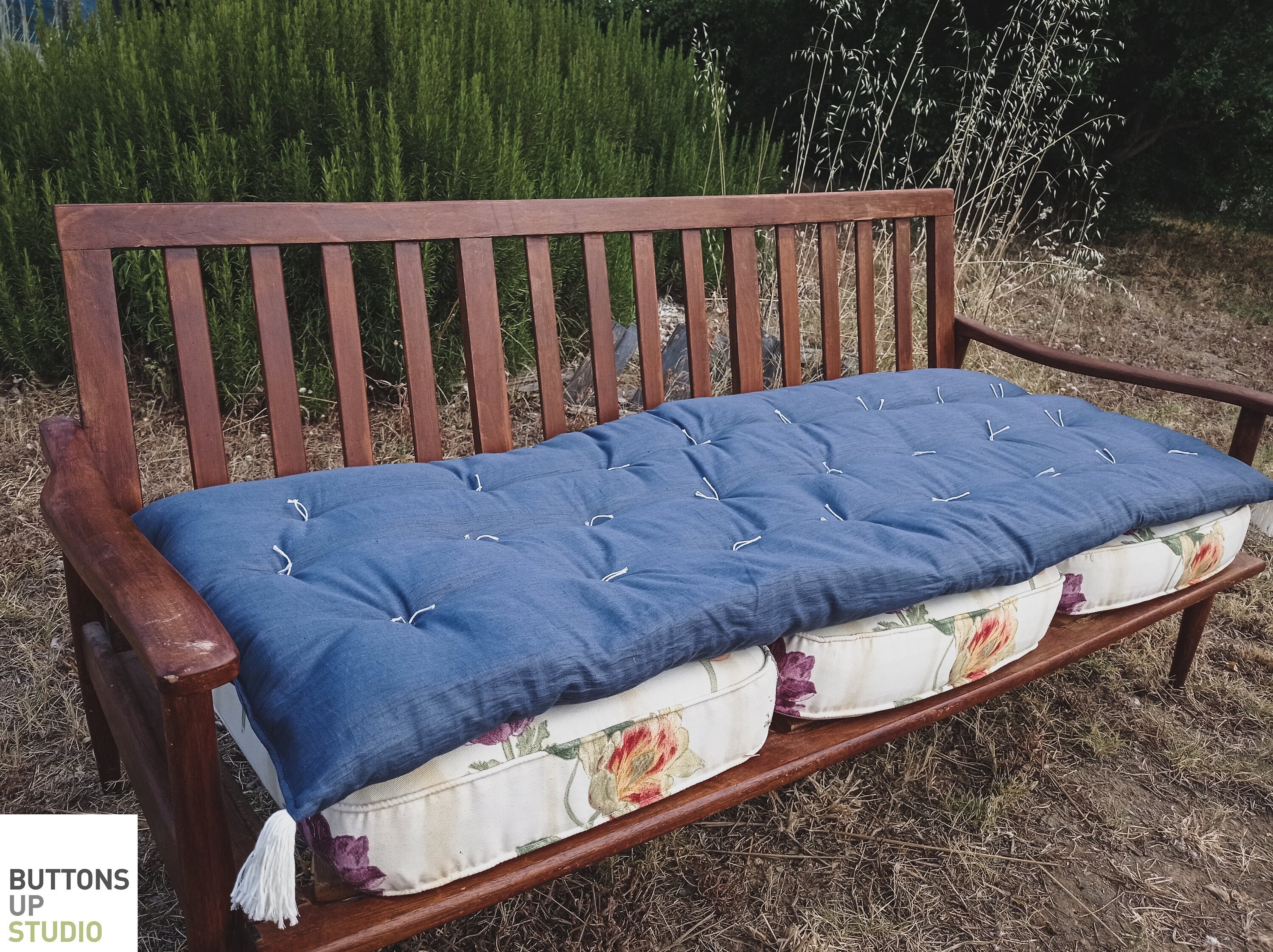INDIGO SOFA TOPPER Mat, Linen Tufted Window Seat Cushion, Custom Made ...