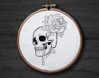 Skull With Flowers Hand Embroidery Pattern , Skeleton Butterfly Hand ...