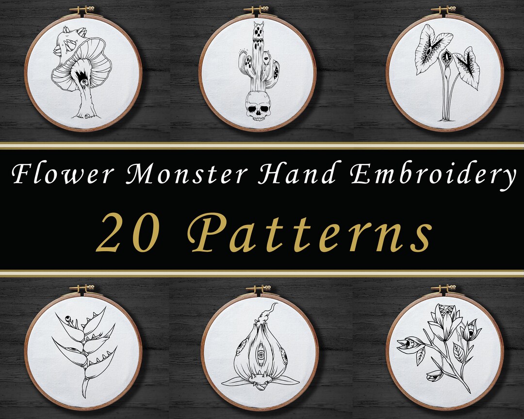 20 Gothic Botanical Hand Embroidery Pattern Bundle , Flower Monsters ...