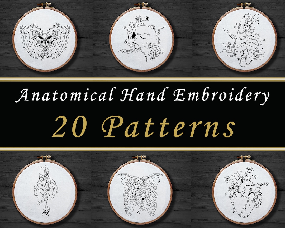 20 Gothic Anatomical Hand Embroidery Pattern Bundle , Skeleton Body ...