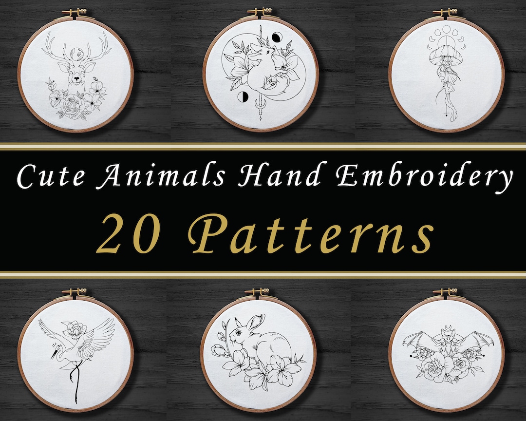 20 Cute Animals Hand Embroidery Pattern Set , Flower Rabbit Embroidery ...