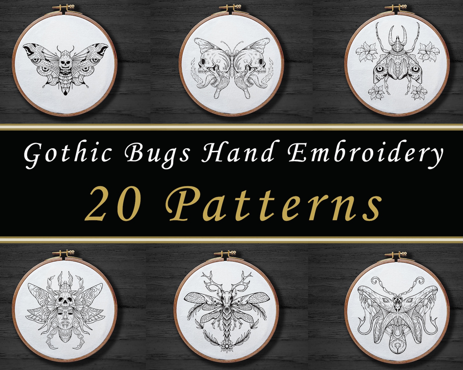20 Gothic Bugs Hand Embroidery Pattern Bundle , Skull Butterfly ...
