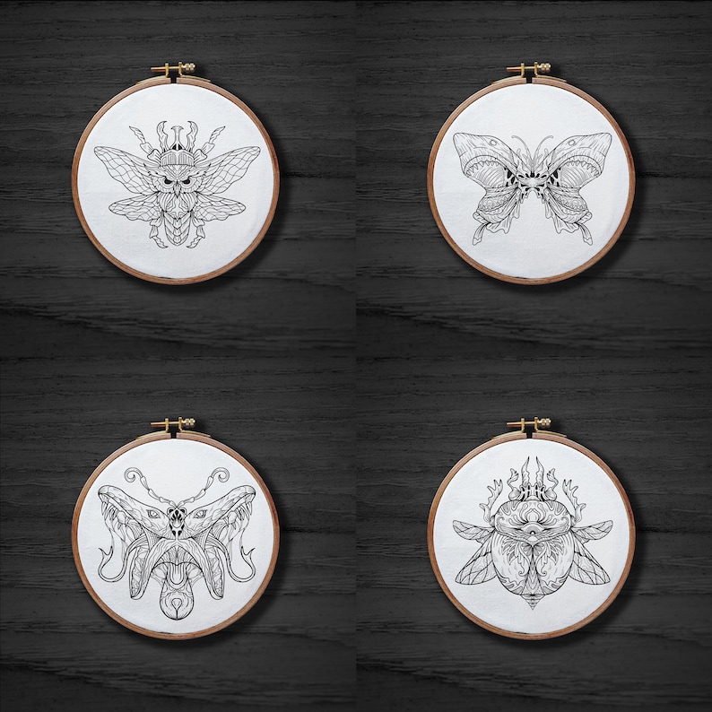 20 Gothic Bugs Hand Embroidery Pattern Bundle , Skull Butterfly ...