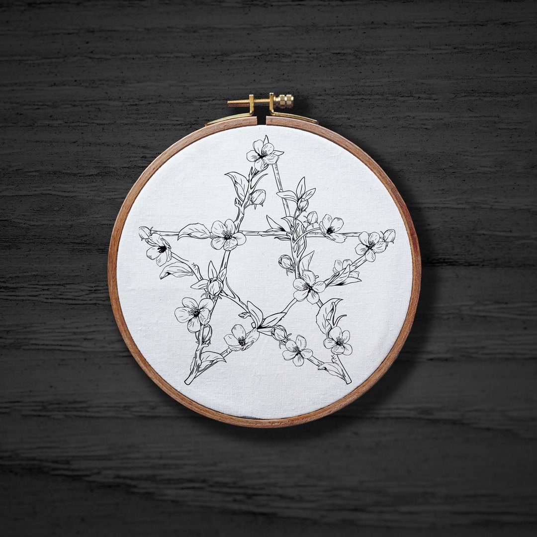 Pentagram With Flowers Hand Embroidery Pattern , Goth Witchy Hand ...