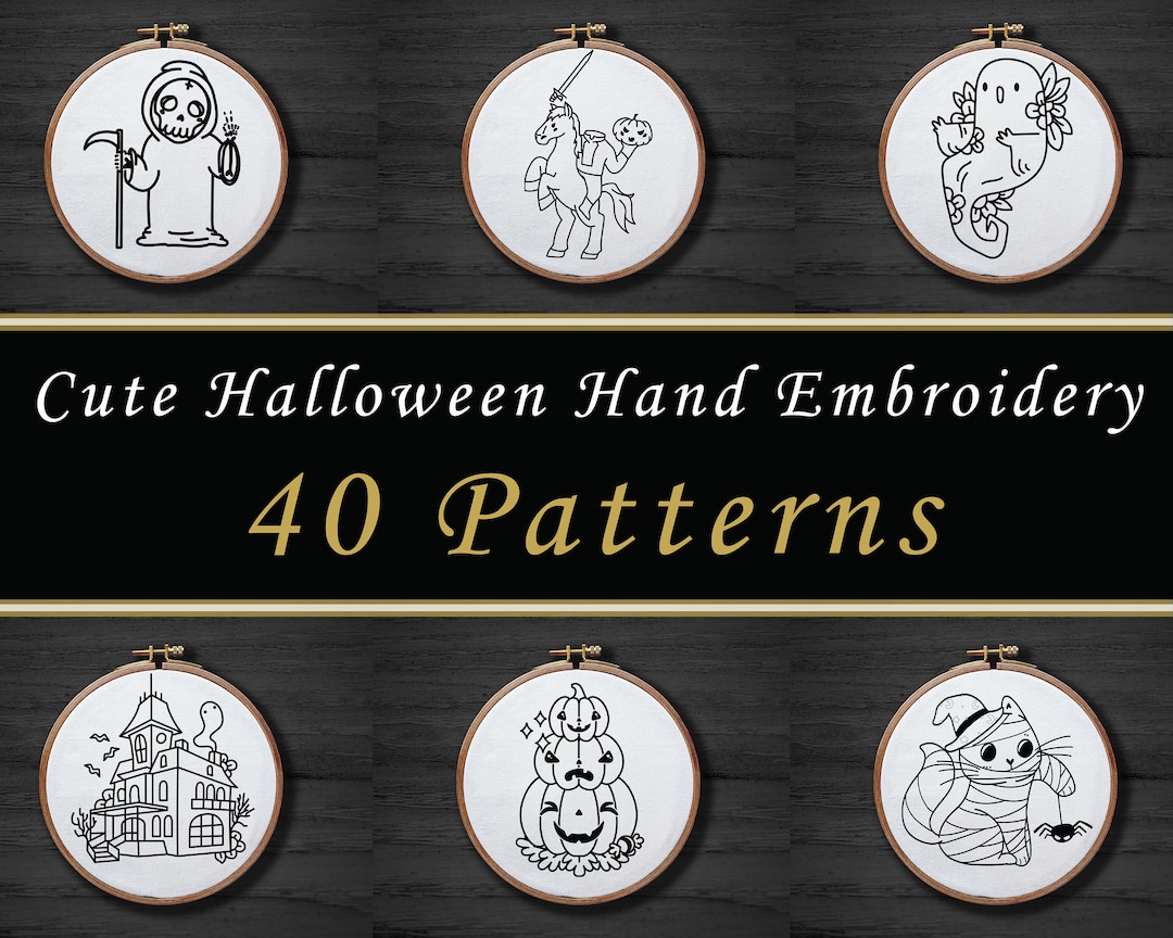40 Cute Halloween Hand Embroidery Pattern Bundle , Funny Skeleton ...